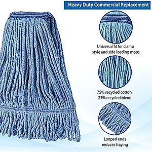 (3 Pack) Mop Head Replacement, Mop Heads Commercial Blue Cotton Looped End String, Wet Industrial Cleaning Mophead Replacements Refill, Reusable Washable Mops for Floor Cleaning Heavy Duty Mopheads