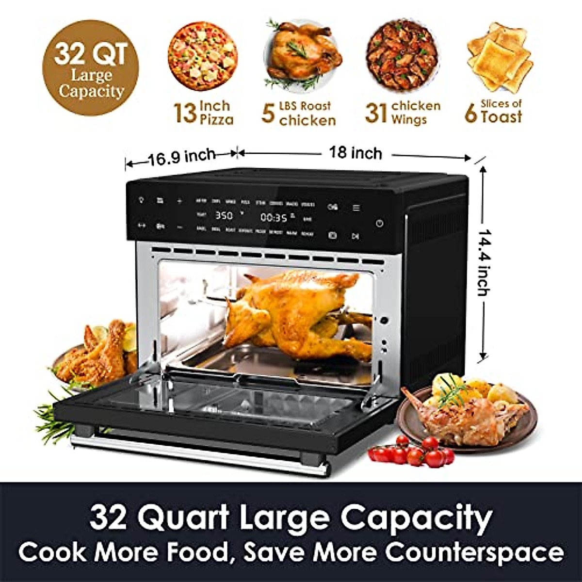 32 QT Digital Toaster Oven Air Fryer Combo, AUMATE by Kitchen in the box Convection Oven Countertop, 19-in-1 Smart Airfryer, Pizza Oven, Toast Bake and Broil, Rotisserie, 7 Accessories, 1800W