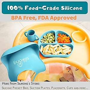 Silicone Baby Feeding Set | Suction Plate for Toddlers + Pocket Bib + Bendable Spoon | BPA Free | Dishwasher, Microwave and Oven Safe (Blue)