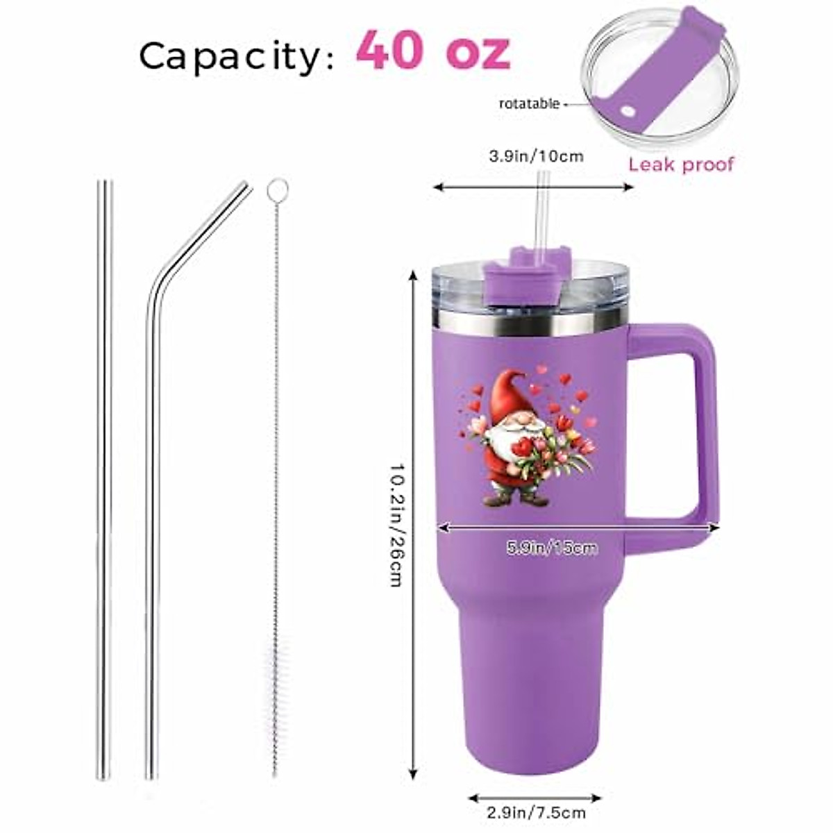 LB LEOBON 40 ounce insulated cup with handle, double-layer vacuum stainless steel material, equipped with straw, can keep warm or maintain cold drinks Red Love Gnome E Deep purple