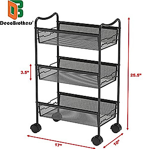 DecoBros 3-Tier Metal Utility Rolling Cart, Black