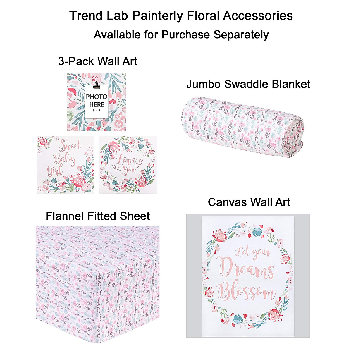 Trend Lab Painterly Floral 3 Piece Crib Bedding Set, Offers A Great Photo Oportunity, Includes Quilt, Fitted Crib Sheet and Skirt