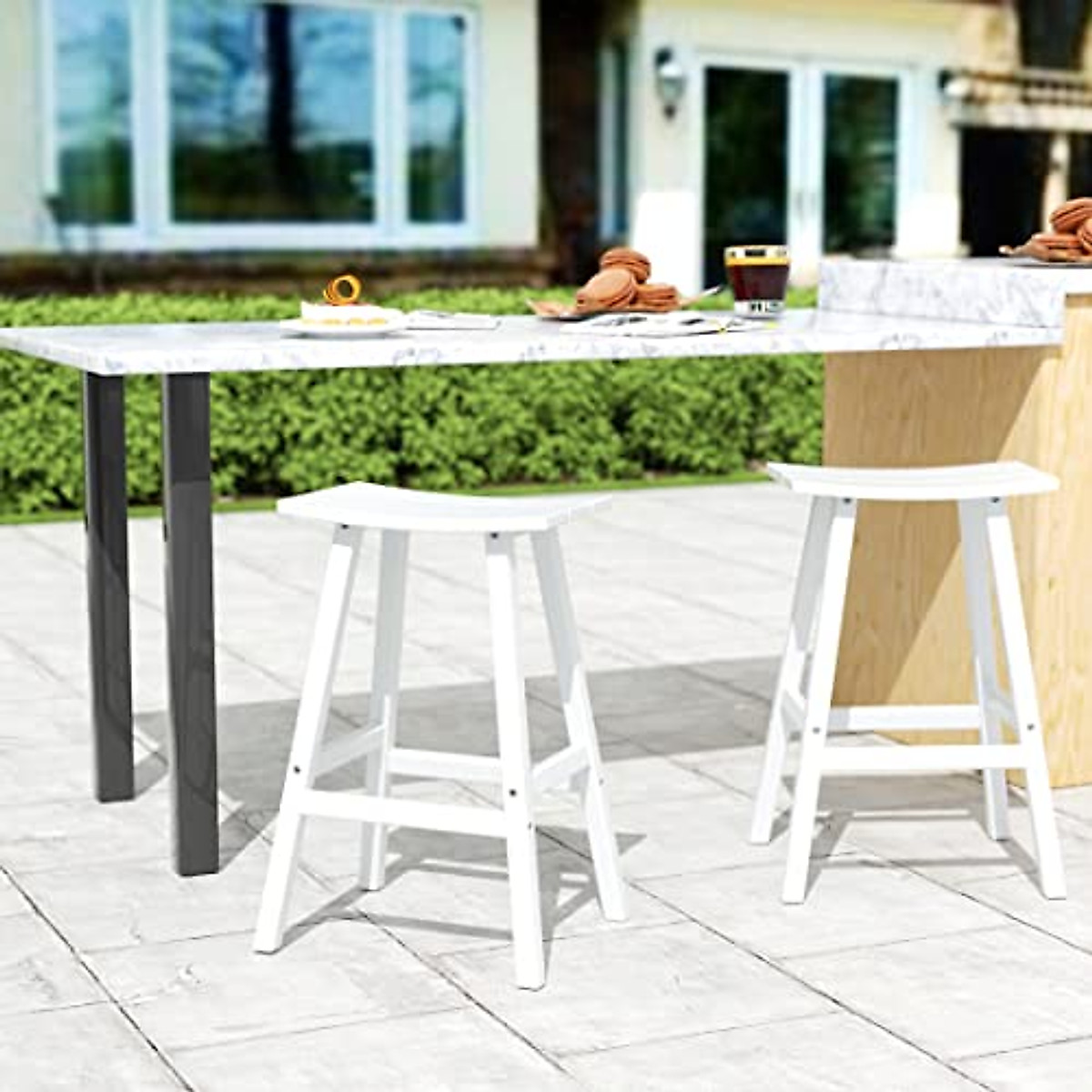 WO Home Furniture Patio Bar Stools Set of 2 PCS Outdoor Adirondack 29" in Saddle Stools for Porch, Backyard, BarBQ, Party, Events (White)