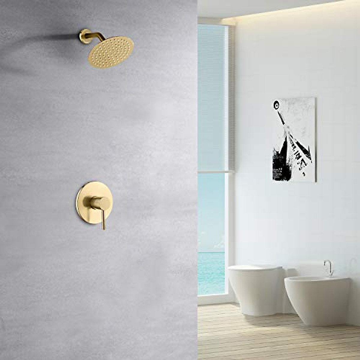 sumerain Brushed Gold Shower Faucet Set with 8 Inches Stainless Steel Rain Shower Head, Solid Brass Rough In Valve