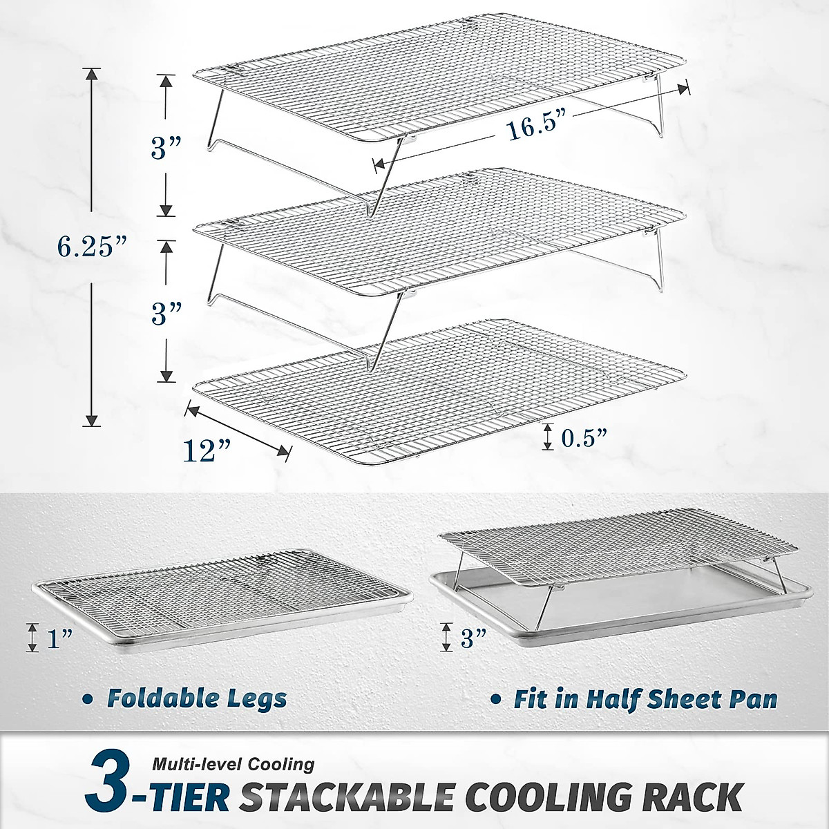 HIWARE Stainless Steel Stackable Cooling Rack for Baking, 3 Tier 12”x 16.5”,Oven & Dishwasher Salf and Fit Half Sheet,Wire Cooling Racks for Cookie, Pizza, Cake
