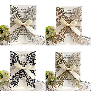 Wedding Invitation Cards,10PCS Hollow Floral Design Invites Card with Ribbon Best for Bridal Showers, Engagement Parties, Includes 10x [Covers + Blank Card +Ribbon] (Glitter Silver)