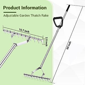 ZZM Thatch Rake, 15.7 Inch Lawn Thatching Rake for Cleaning Dead Grass, Stainless Steel Dethatching Rake with Back-Saving Handle, Grass Rake with Curved Steel Tines for Lawn Loosening Soil, 60" Length