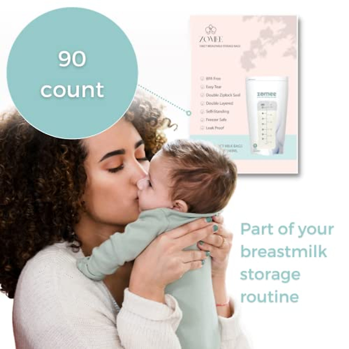 90 Count Zomee Breast Milk Storage Bags - 8 OZ/240 ML, Leak Proof, Double Zipper Seal, Self-Standing, for Storage of Breast Milk in Fridge or Freezer