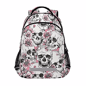 MNSRUU School Backpack with Chest Strap, Halloween Skull Flowers And Pink Cherries Laptop Backpack, Travel Hiking Backpack for Boys Girls, Rucksack, Knapsack