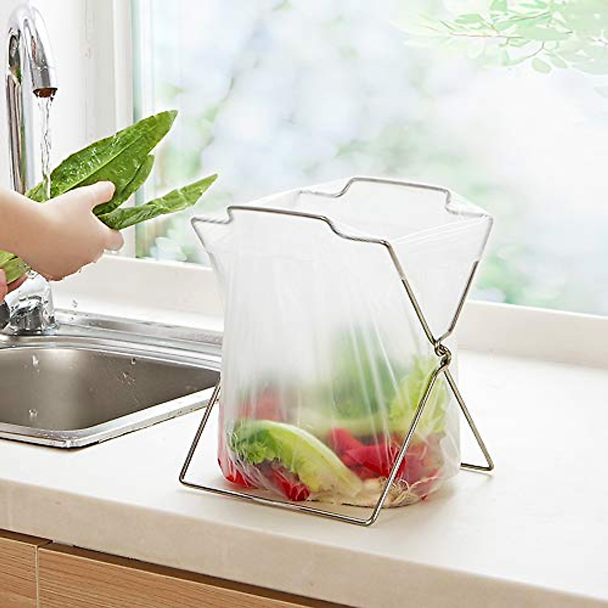 Yizhichu1990 Foldable Stainless Steel Garbage Bag Shelf Home Kitchen Countertop Trash Bag Rack Holder Organizer Dishcloth Towel Rack