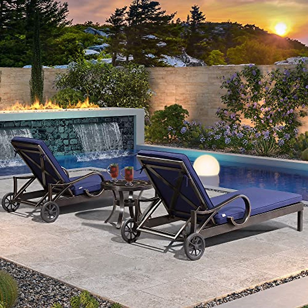PURPLE LEAF Patio Chaise Lounge Chair Set Outdoor Cast Aluminum Adjustable Chairs with Side Table for Outside Beach Poolside Sun Tanning Bathing Recliner Pool Metal Lounger