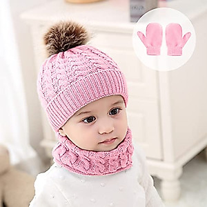 3PCS Baby Winter Hat Scarf Gloves Set Kids Knitted Beanie Cap Neck Warmer Mitten for Boys Girls 0-4Years (Pink)