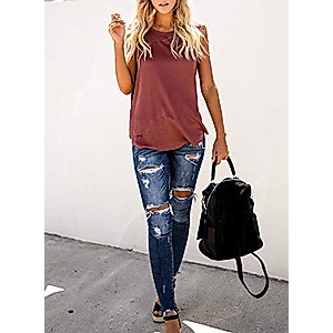 Dokotoo Womens Ladies Basic Solid Summer Casual Round Neck Waffle Knit Ribbed Loose Fit Long Tunic Tank Tops Sleeveless Shirts Cami Tops Blouses Tees Vest Wine Large