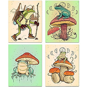 Funny Frog Posters Vintage Frog Mushroom Wall Art Prints, Retro Cute Frog Mushroom Creativity Nature Illustration Canvas Art Prints for Bathroom Bedroom Living Room Decor, Set of 4-(8”x10”, Unframed)