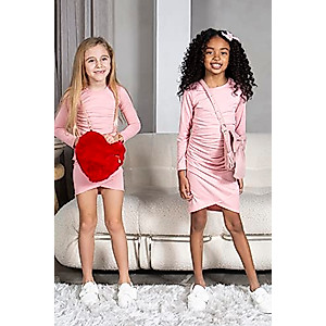 Mini Momo Heart Shape Handbag Cute Girls Purse - Fluffy Faux Fur Bag Women Crossbody, Valentines Day Bow Tie Ribbon Shoulder (Fluffy Heart Chain Bag - Red)