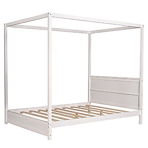 Queen Size Canopy Bed Frame, Solid Wood Queen Platform Bed with Headboard and Slat Support, Modern 4 Poster Panel Bed for Kids, Teens, Adults. No Box Spring Needed (Queen, White)