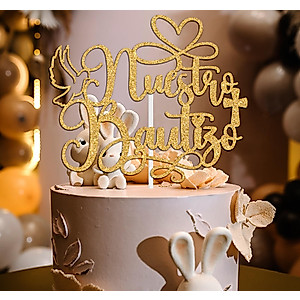 Nuestro Bautizo Cake Topper, Spanish First Holy Communion, My Baptism Day, Bridal Shower/Wedding/Baptism/Christening Baby Shower Party Decorations, Gold Glitter