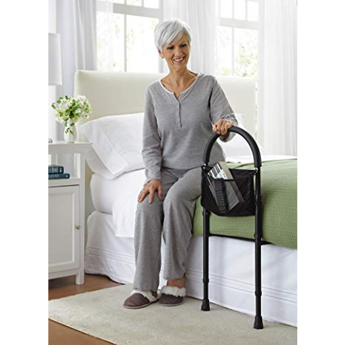 Medline Bed Assist Bar with Storage Pocket, Height Adjustable Bed Rail for Elderly Adults, Assistance for Getting In and Out of Bed at Home