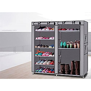 Double Rows 9 Lattices Standing Shoe Racks,27-Pairs Portable Boot Rack,Shoe Storage Organizer Cabinet with Nonwoven Fabric Dustproof Cover,Space Saving Portable Closet Shoe Cabinet (Color : Gray)
