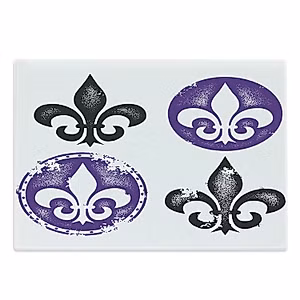 Ambesonne Fleur De Lis Cutting Board, Arrangement of Fleur De Lis Designs Silhouettes Vintage Spiral Art, Decorative Tempered Glass Cutting and Serving Board, Large Size, Black Purple