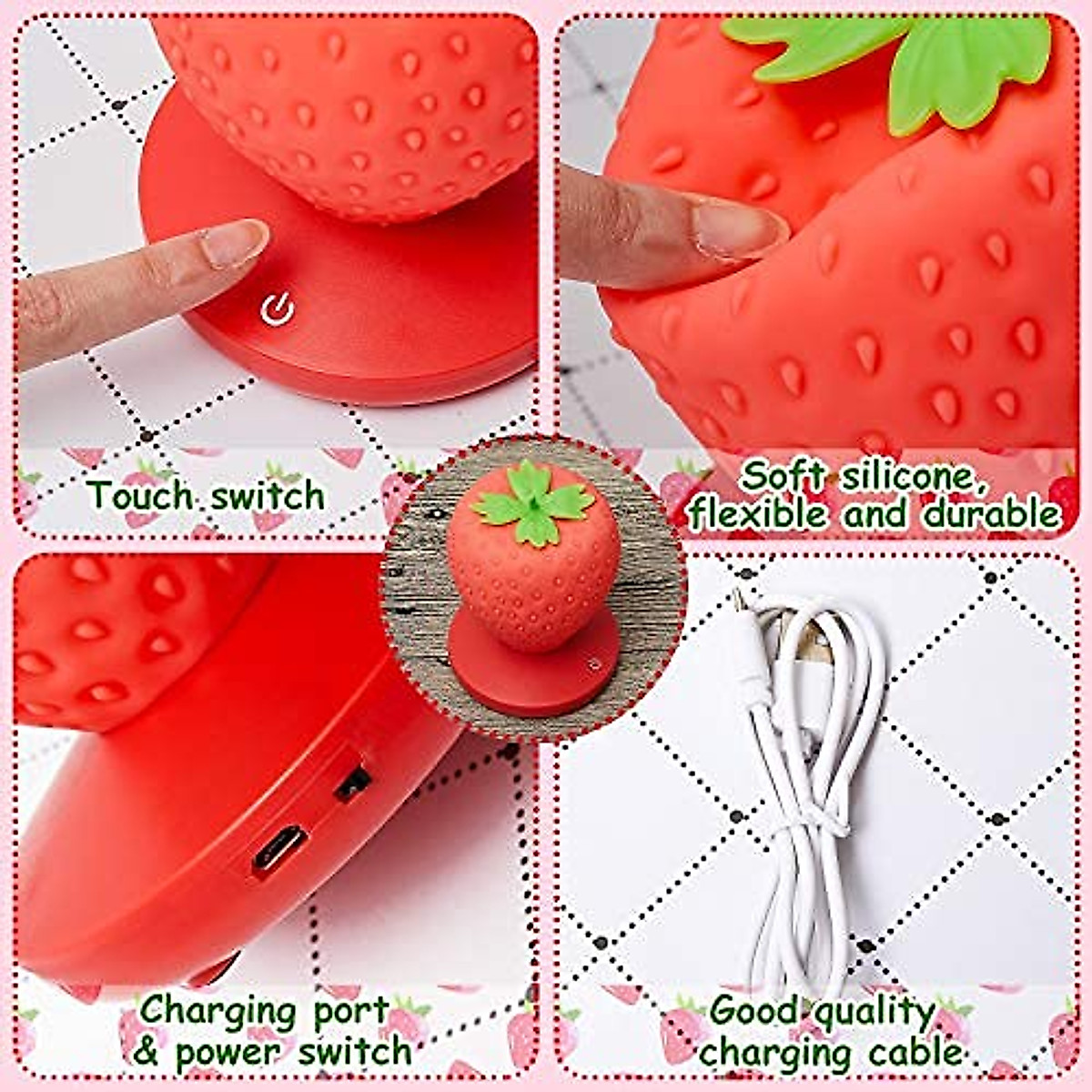 Mudder Strawberry Night Light Cute Silicone Strawberry Lamp LED Decorative Night Light Kawaii Fruit Gifts 3 Modes Touch Gift for Room Decor(Red)