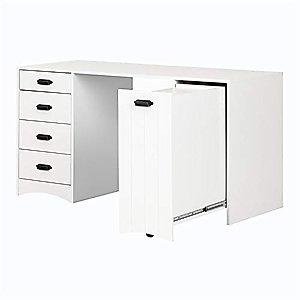 BOWERY HILL Multi-purpose Crafting Table with 4 Drawers and Large Sliding Hidden Storage Shelf, Modern Sewing Table with Scratch Proof Table Top, White