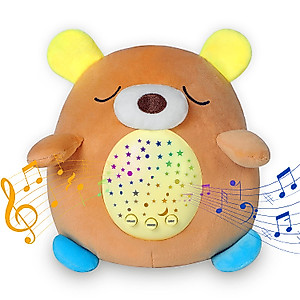 Baby Sleep Soother Happy Bear - Toddler Portable Sound Machine with Night Light Projector - Plush Toy Crib Soother with Music and Lights to Aid Sleep for Newborn