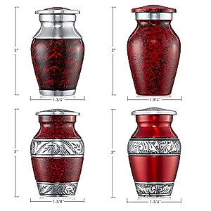 Reminded Small Cremation Keepsake Urns for Human Ashes, Set of 4 Red and Silver Miniature Urns with Velvet Case and Bags