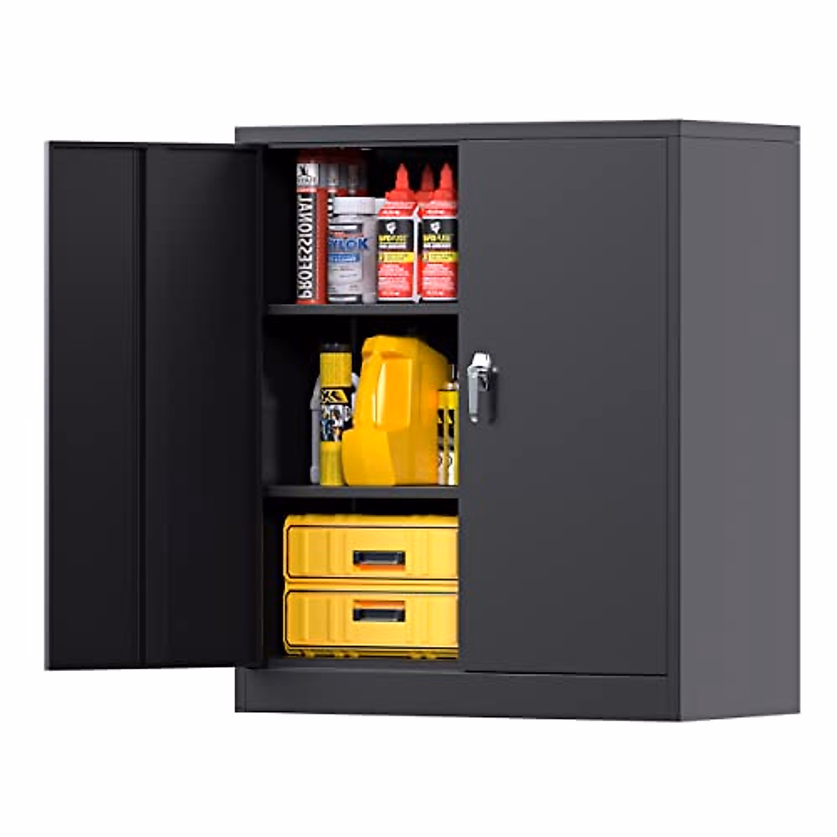 Aobabo Metal Storage Cabinets with Lockable Doors, Steel Locking Storage Cabinet with 2 Adjustable Shelves, Black Metal Cabinet Great for Garage, Home, Office, Warehouse