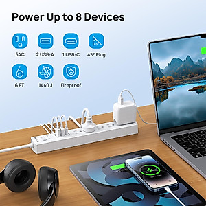 TROND Power Strip Surge Protector, Flat Plug 6ft Extension Cord, 5 Widely AC Outlets with 3 USB Ports(1 USB C), 1440J, 1250W, Wall Mount, Desktop Charging Station for Home Office Dorm Room, White