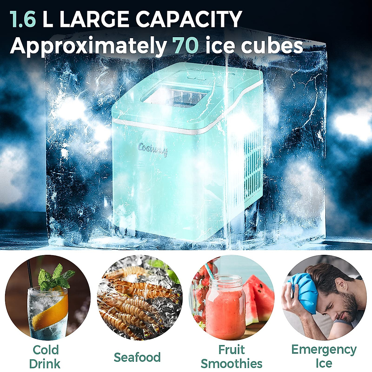MAT Expert Countertop Nugget Ice Maker, 26LBS/24H, 9 Cubes in 8 Min, Bullet-Shaped Ice Makers, 1.6L Water Tank & 1.6L Bucket, Scoop, Self-Clean Compact Tabletop Ice Maker for Home/Bar/Office (Green)