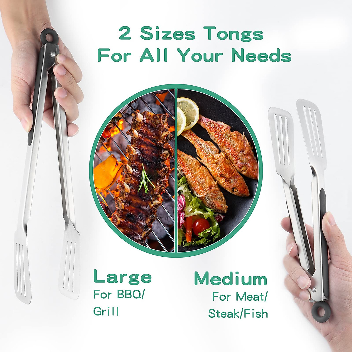 Lebabo Metal Tongs for Cooking, Set of 2 Stainless Steel Spatula Tongs for Grilling, Cooking and Flipping, Strong Grip for Ribs, Steak and Fish, Comfortable Grip, Easy Pull Lock, 9 inch & 12 inch