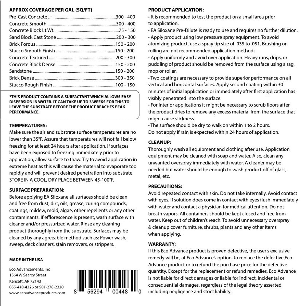 Eco Advance Concrete/Masonry Siloxane Odorless Spray-On Application Waterproofer, Safe for Use Around Plants, Pets, and People, 5 Gallon