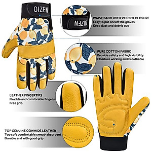 OIZEN Leather Tough Cowhide Work Gardening Gloves for Women Thorn Proof, Working Gloves, Gardening Gifts for Women