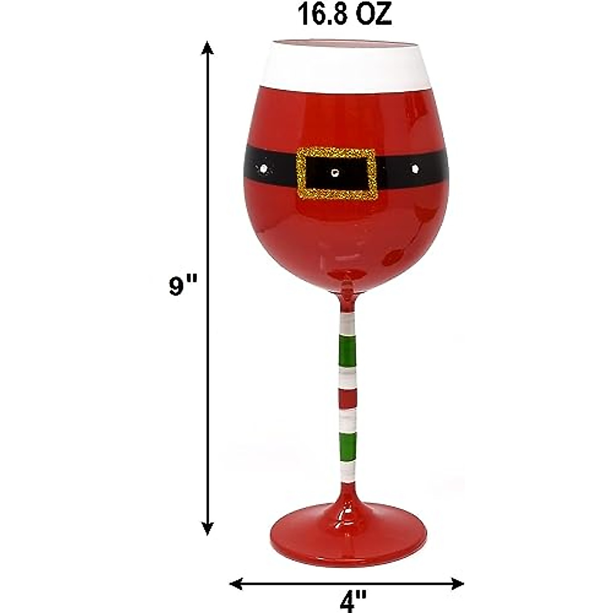 Gift Boutique Christmas Wine Glasses 16.8 Oz Set of 2 Festive Santa Belt and Snowman Drinking Goblets Cups with Stem Xmas Wineglass Gift Red Green and White Colored Painted Winter Glassware