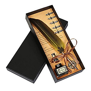 Vxkbiixxcs-o Feather Dip Pen, Pen Feather Ink Pen Calligraphy Set Includes Dip Pen 5 Steel Replacement Nibs Dip Ink Bottle Vintage Gift Box Yellow