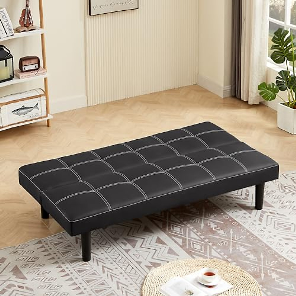 Modern Leather Sofa Bed Futon with Chrome Legs Convertible Folding Sofa Bed for Compact Living Spaces Apartments Dorms Black