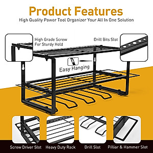 MoDinzo Power Tool Organizer, Alloy Steel Tool Storage Rack, Wall Mounted, 3 Layer Floating Shelf, 4 Drill Slots, Black