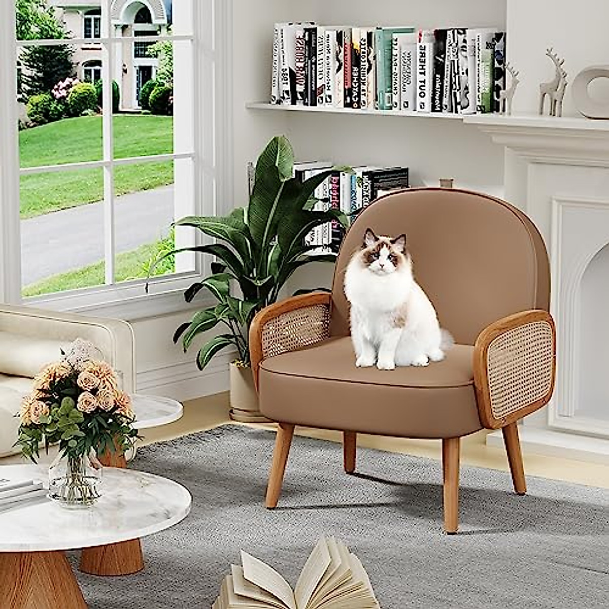 Aklaus Mid Century Modern Accent Chair Armchair with Rattan Arms Upholstered Rattan Boho Accent Chair for Living Room Bedroom Balcony Faux Leather Reading Chairs Side Club Chair Brown