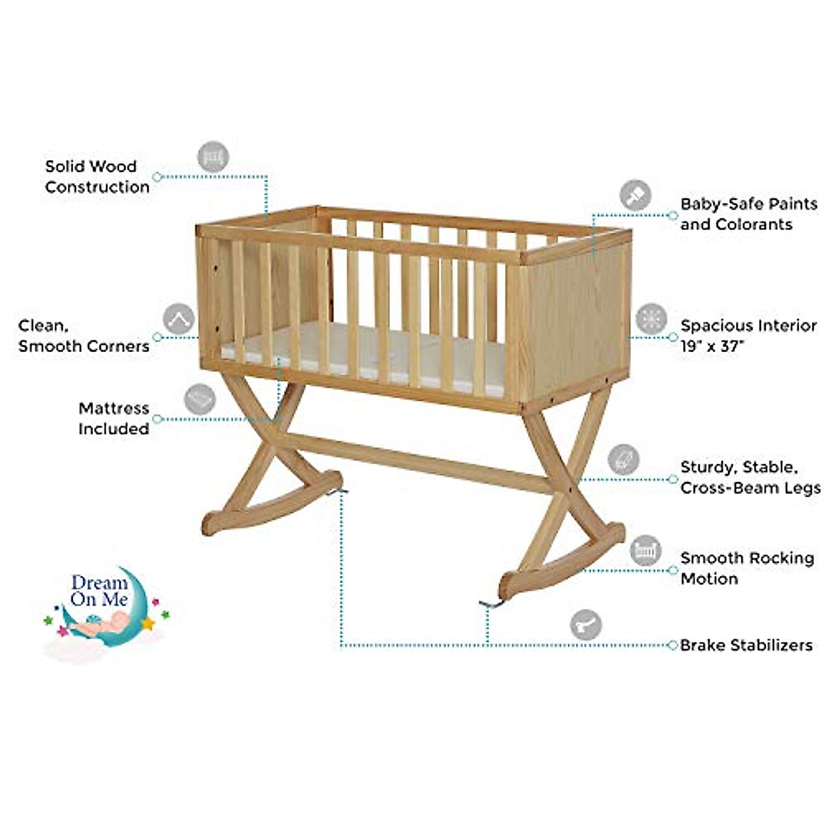 Dream On Me Luna/Haven Cradle, Natural , 37x19x31.5 Inch (Pack of 1)