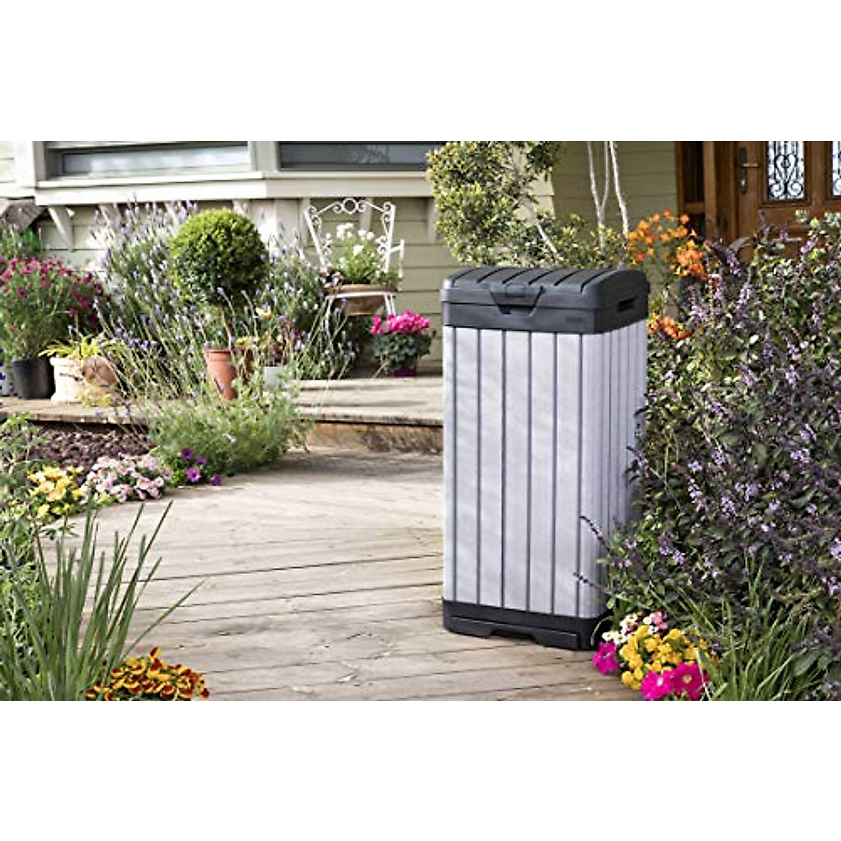Keter Rockford Resin 38 Gallon Trash Can with Lid and Drip Tray for Easy Cleaning-Perfect for Patios, Kitchens, and Outdoor Entertaining, Grey