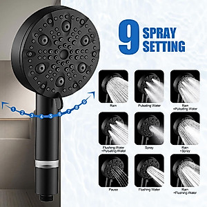 High Pressure Shower Head with Filters - 9 Spray Mode Shower Head with Filters, Shower Head Filter for Hard Water, Adjustable Bathroom Handheld Shower Head with Long Hose, Remove Chlorine
