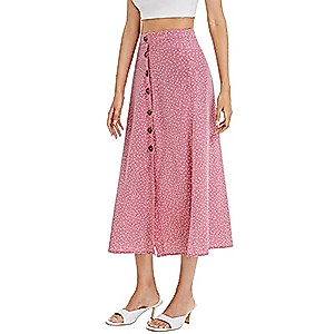 SheIn Women's Polka Dot A-Line Button Side Split Midi Knee Length Skirt Watermelon Pink Large