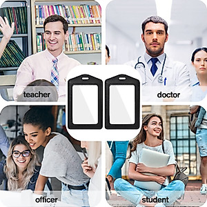 2 Pcs Genuine Leather ID Badge Holder Vertical Double-Side Clear Card Holder Waterproof Name Badge Holder for Office, Staff, Students, Employees(Black&Black)