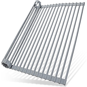 Ohuhu Over Sink Dish Drying Rack 17.6" L x 15.4" W Large Roll Up Drainer Foldable Rolling Mat Dryer Roll Out RV Drain - Silicone Coated Steel Multipurpose Space Saving for Kitchen Counter Anti-Slip