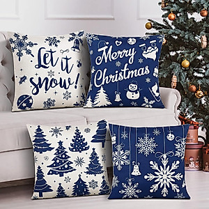 Harraca Christmas Pillow Covers 16x16 Set of 4, Christmas Decorations Throw Pillows, Christmas Pillows Decorative Throw Pillows, Blue Christmas Pillow Covers
