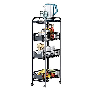 LOYALHEARTDY 4-Tier Carbon Steel Slim Rolling Cart 9.4Inch Width Kitchen Storage Organizer Mobile Shelving Unit Storage Carts with Lockable Wheels Slide Out Storage Tower Rack