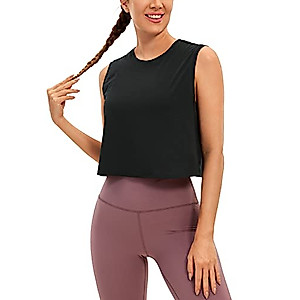 CRZ YOGA Pima Cotton Cropped Tank Tops for Women Workout Crop Top Sleeveless Athletic Shirts Loose Yoga Tops Black Small
