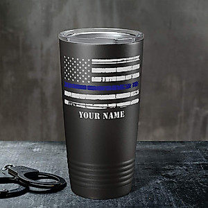 Personalized Distressed Thin Blue Line Flag Police Officer on Black 20 oz Tumbler with Lid - Law Enforcement Gift - Insulated Cup - Travel Mug