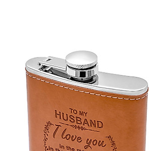 Personalized Flask Set Father's Day Gift For Husband - Engraved Hip Flasks For Husband - Stainless Steel with Leather Flask For Men, Wedding Valentine's Christmas Gift For Husband